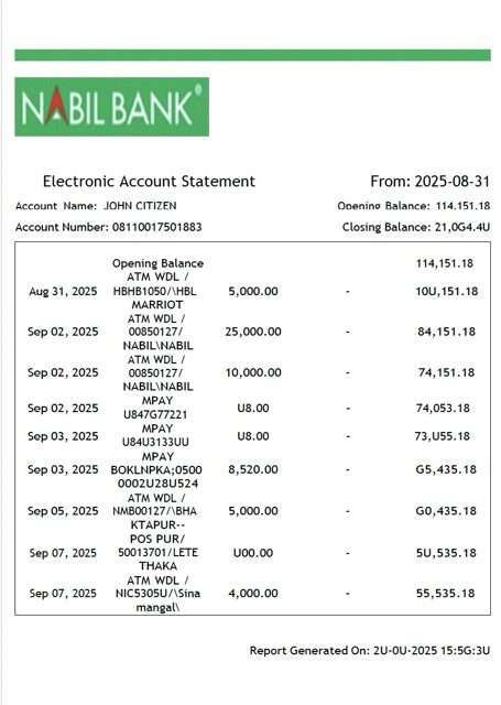 Nepal Nabil Bank electronic account statement Word and PDF template