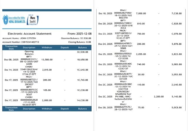 Nepal SBI Bank electronic account statement Word and PDF template, 2 pages
