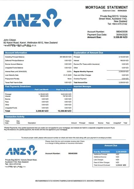 New Zealand ANZ Bank mortgage statement Word and PDF template