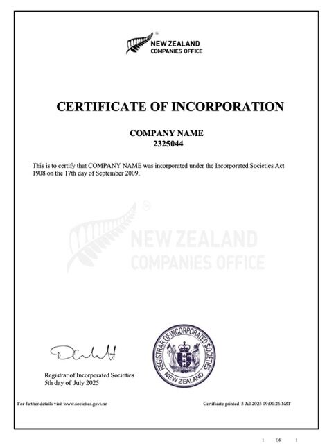 New Zealand certificate of incorporation Word and PDF template