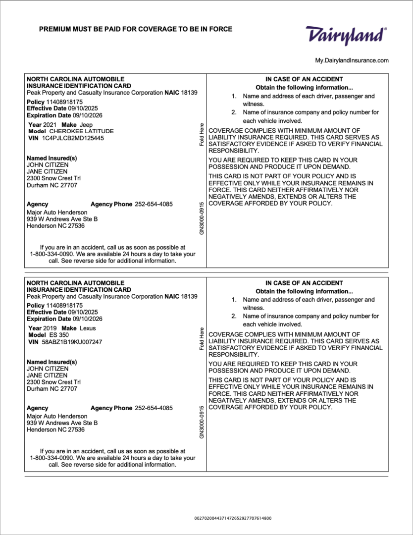 North Carolina Automobile Insurance identification card Word and PDF ...