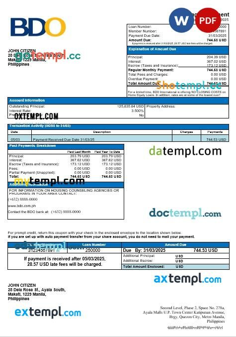 Philippines BDO mortgage statement in Word and PDF formats