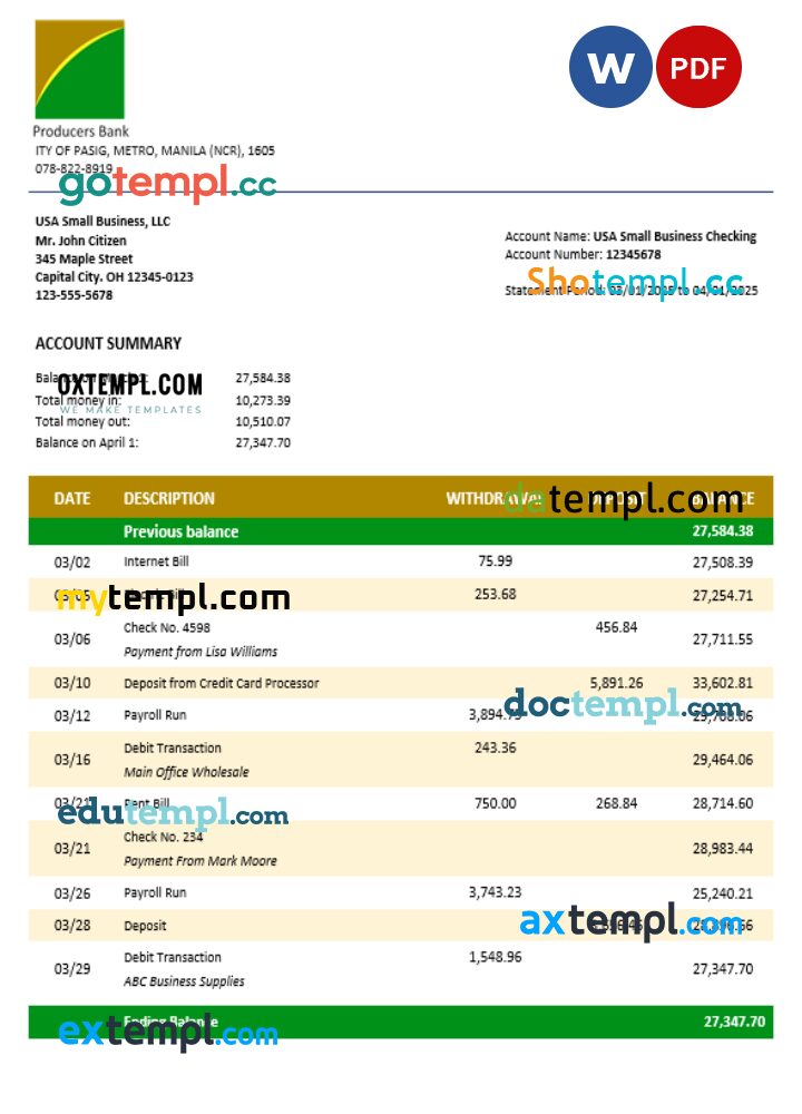 Producers Bank business bank statement Word and PDF format