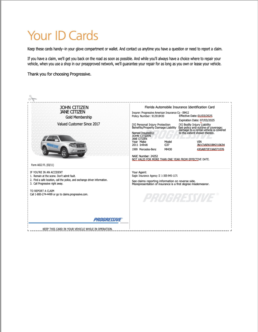 Progressive Florida Automobile Insurance identification card Word and ...