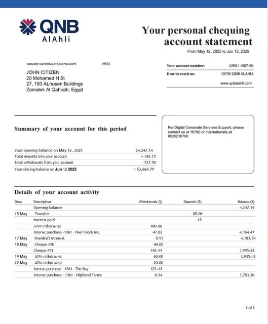 Qatar QNB Alahli Bank account statement Word and PDF template