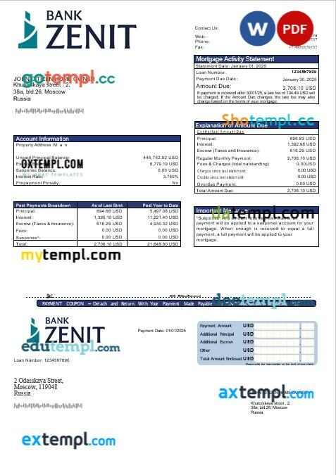 Russia Zenit bank mortgage statement in Word and PDF formats