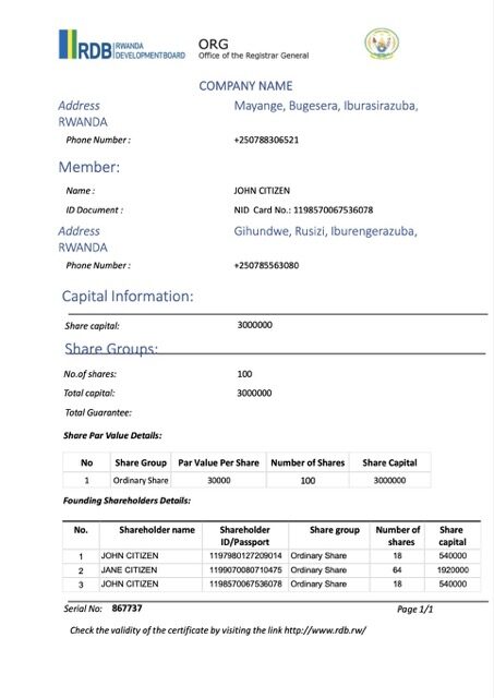 Rwanda certificate of registration Word and PDF template