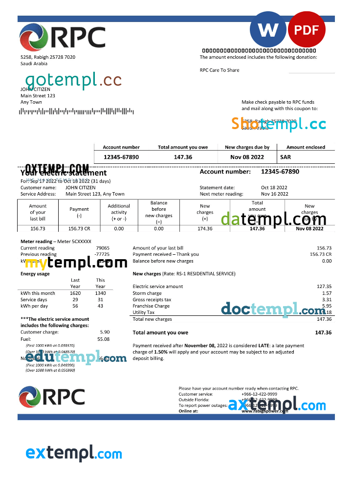 Saudi Arabian Rabigh Power Company utility bill download, Word and PDF ...