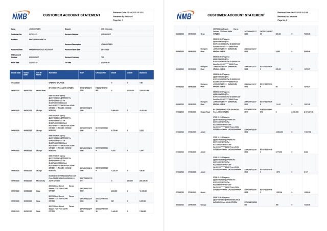 Tanzania NMB Bank account statement Word and PDF template, 2 pages