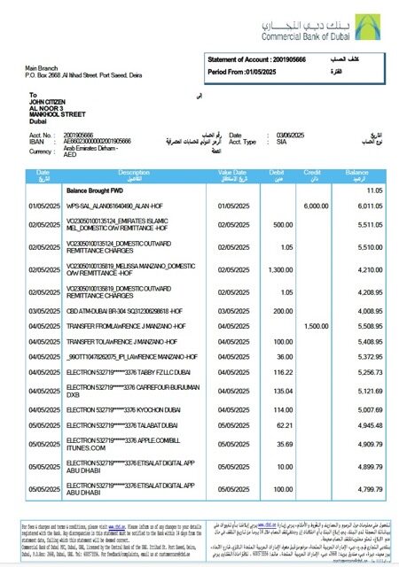 UAE Commercial Bank of Dubai statement of account Word and PDF template