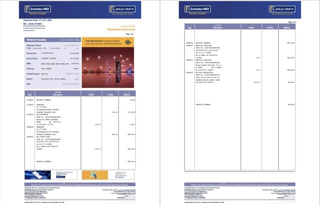 UAE Emirates NBD Bank statement of account Word and PDF template, 2 pages