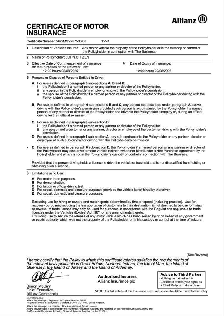 UK Allianz certificate of motor insurance Word and PDF template, version 2