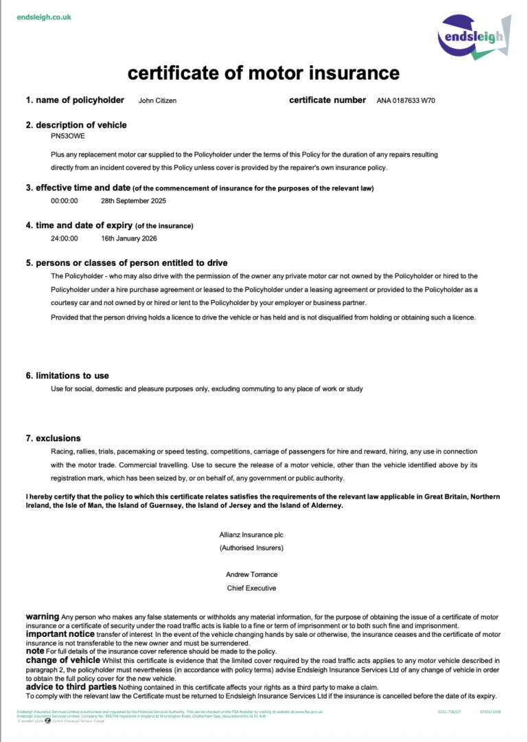 UK Endsleigh certificate of motor insurance Word and PDF template