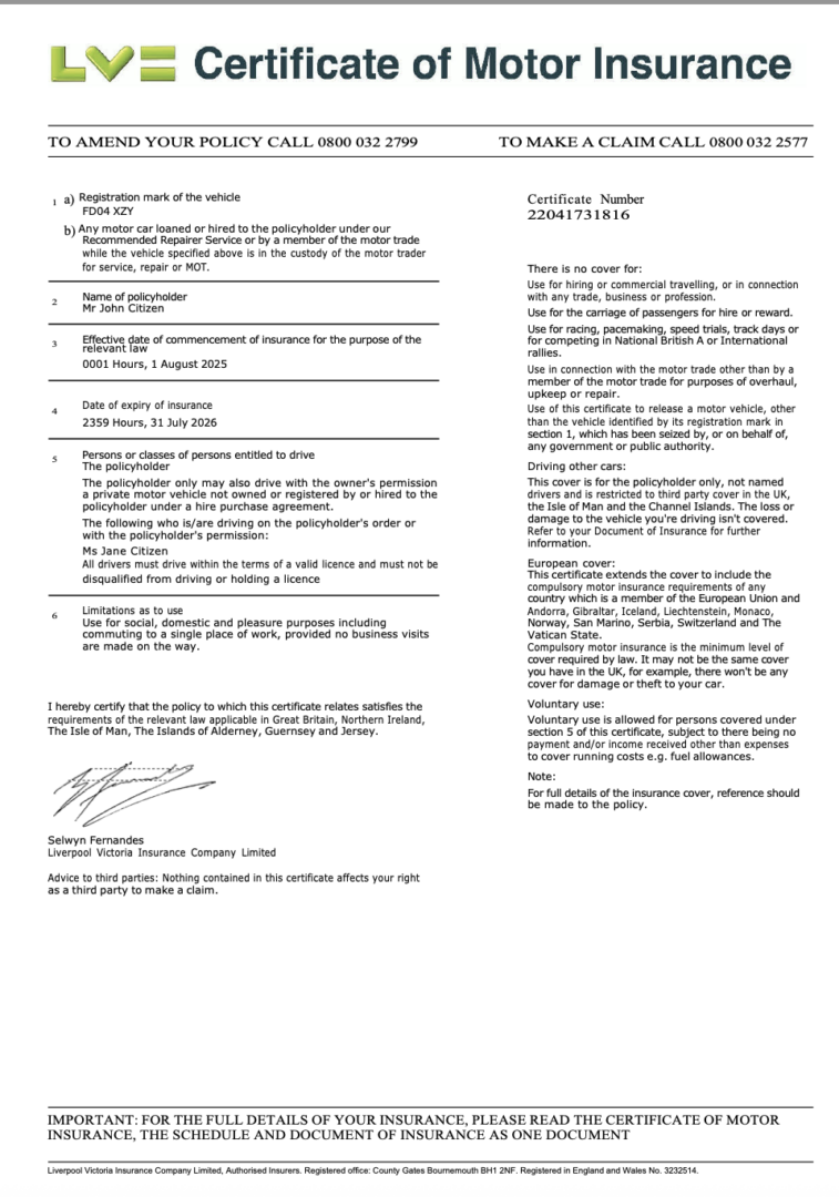 UK Liverpool Victoria Insurance Company Limited certificate of motor ...