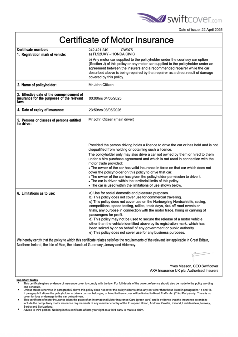 UK Swiftcover certificate of motor insurance Word and PDF template
