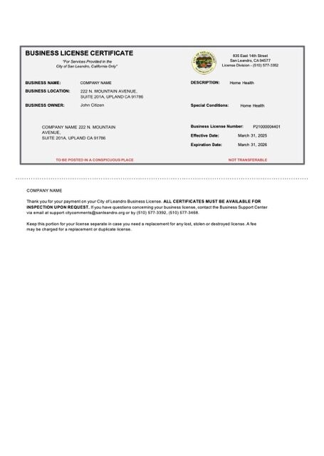 USA California business license certificate Word and PDF template