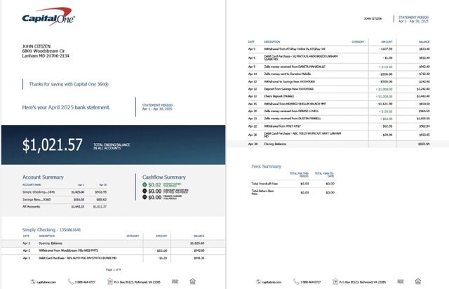 USA Capital One statement of account Word and PDF template, 2 pages
