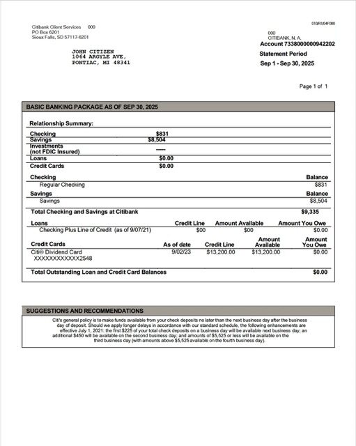 USA Citibank account statement Word and PDF template, version 2