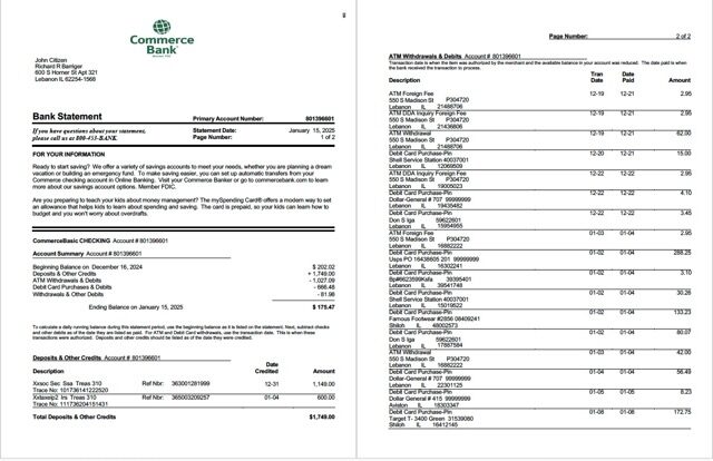 USA Commerce Bank statement Word and PDF template, 2 pages