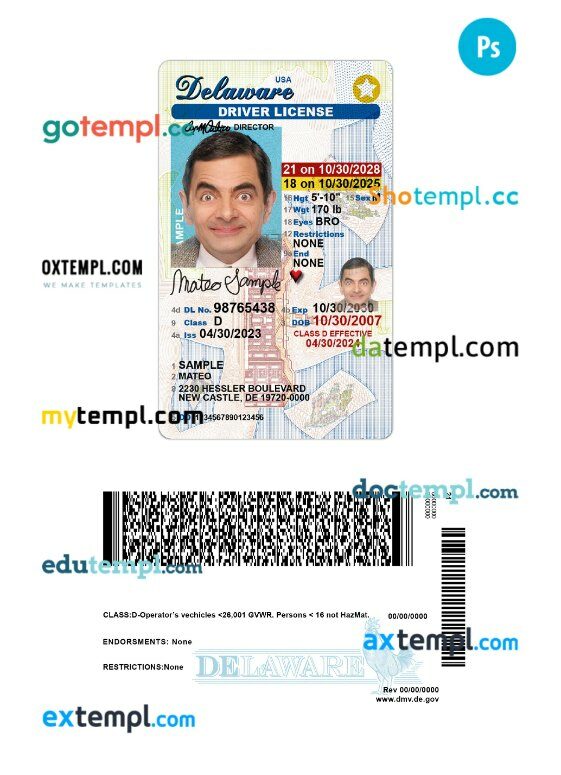 USA Delaware under 21 driving license PSD editable template