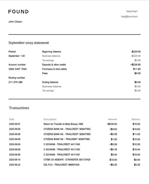 USA Found account statement Word and PDF template