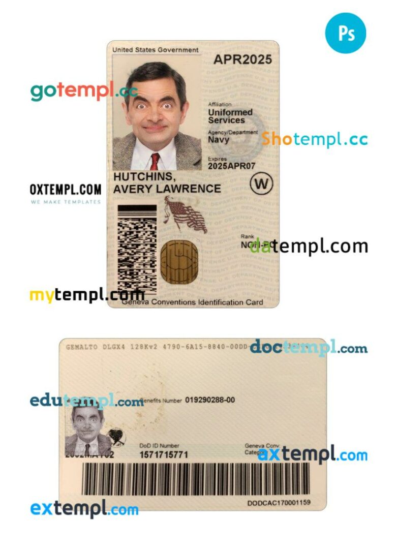 USA Geneva Conventions ID card template in PSD format