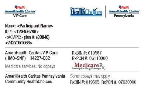 USA Pennsylvania AmeriHealth Caritas health insurance card template in ...