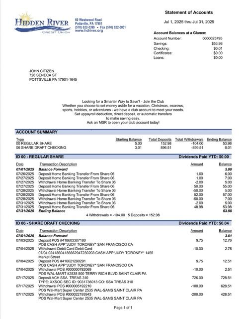 USA Pennsylvania Hidden River Credit Union statement of account Word ...