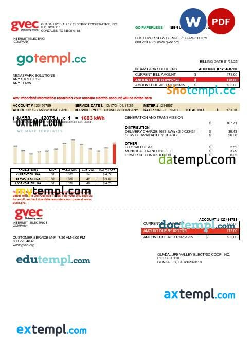 USA Texas GVEC business utility bill template in Word and PDF formats