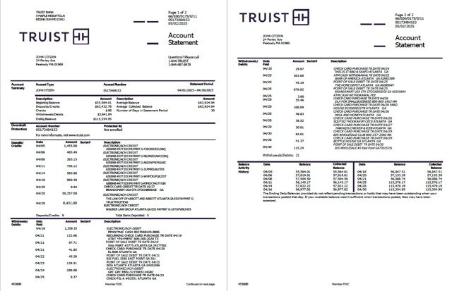 USA Truist Bank account statement Word and PDF template, 2 pages