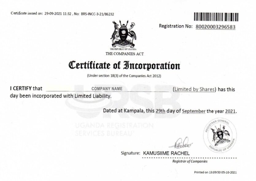 Uganda Certificate of Incorporation PSD template