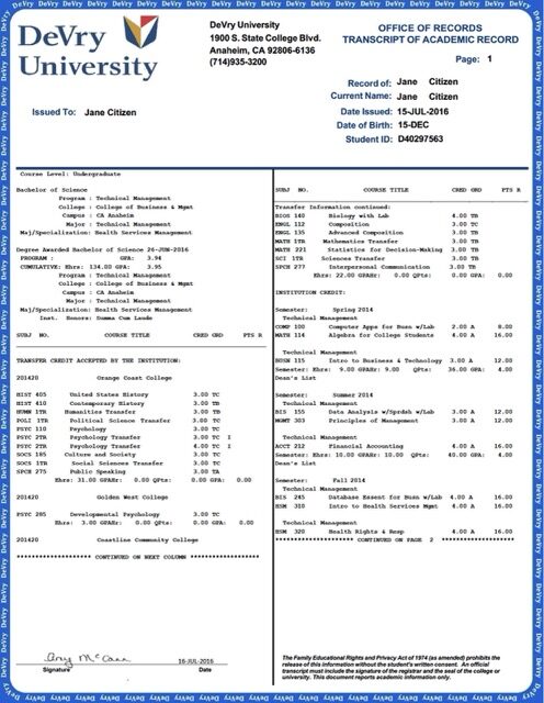 DeVry University transcript of academic record Word and PDF template