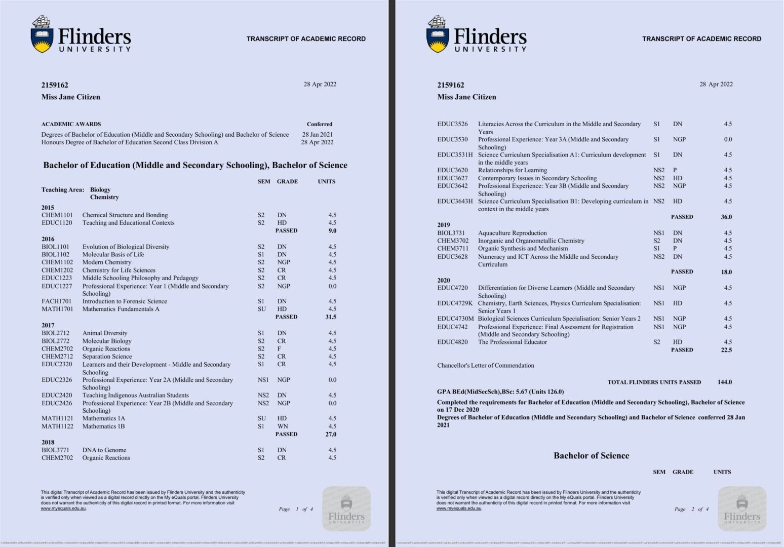 Flinders University transcript of academic record Word and PDF template ...