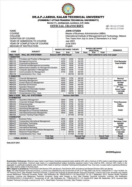 India Dr. A. P. J. Abdul Kalam Technical University official transcript Word and PDF template ...