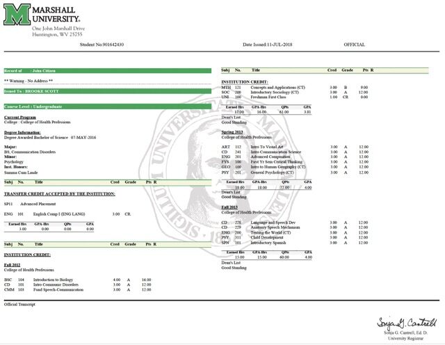 Marshall University official transcript Word and PDF template