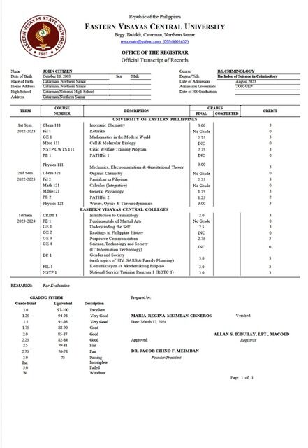 Philippines Eastern Visayas State University official transcript of ...