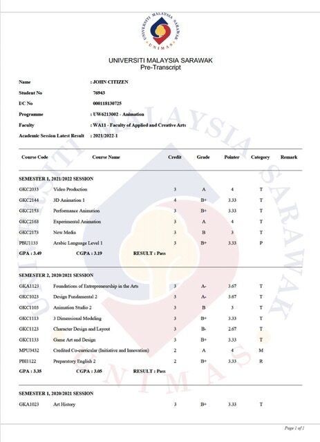 University of Malaysia, Sarawak pre-transcript Word and PDF template