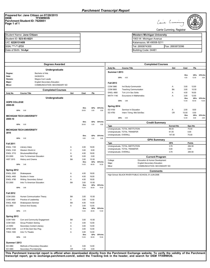 Western Michigan University parchment transcript report Word and PDF ...